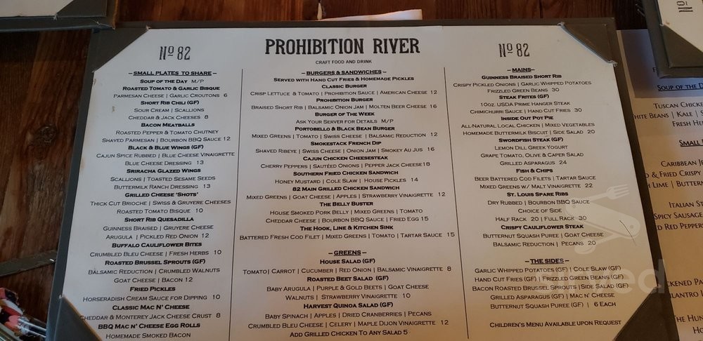 Prohibition River menu in Nyack, New York, USA