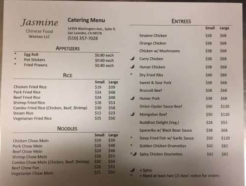 Jasmine Chinese Food To Go menu in San Leandro, California, USA