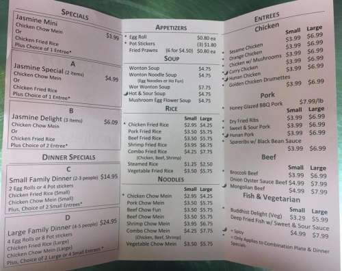 Jasmine Chinese Food To Go menu in San Leandro, California, USA