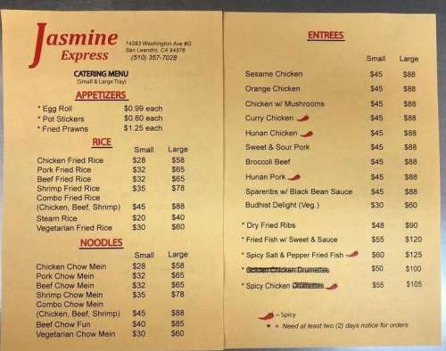 Jasmine Chinese Food To Go menu in San Leandro, California, USA