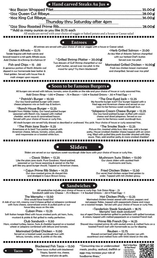 Patrick's menu in Memphis, Tennessee, USA