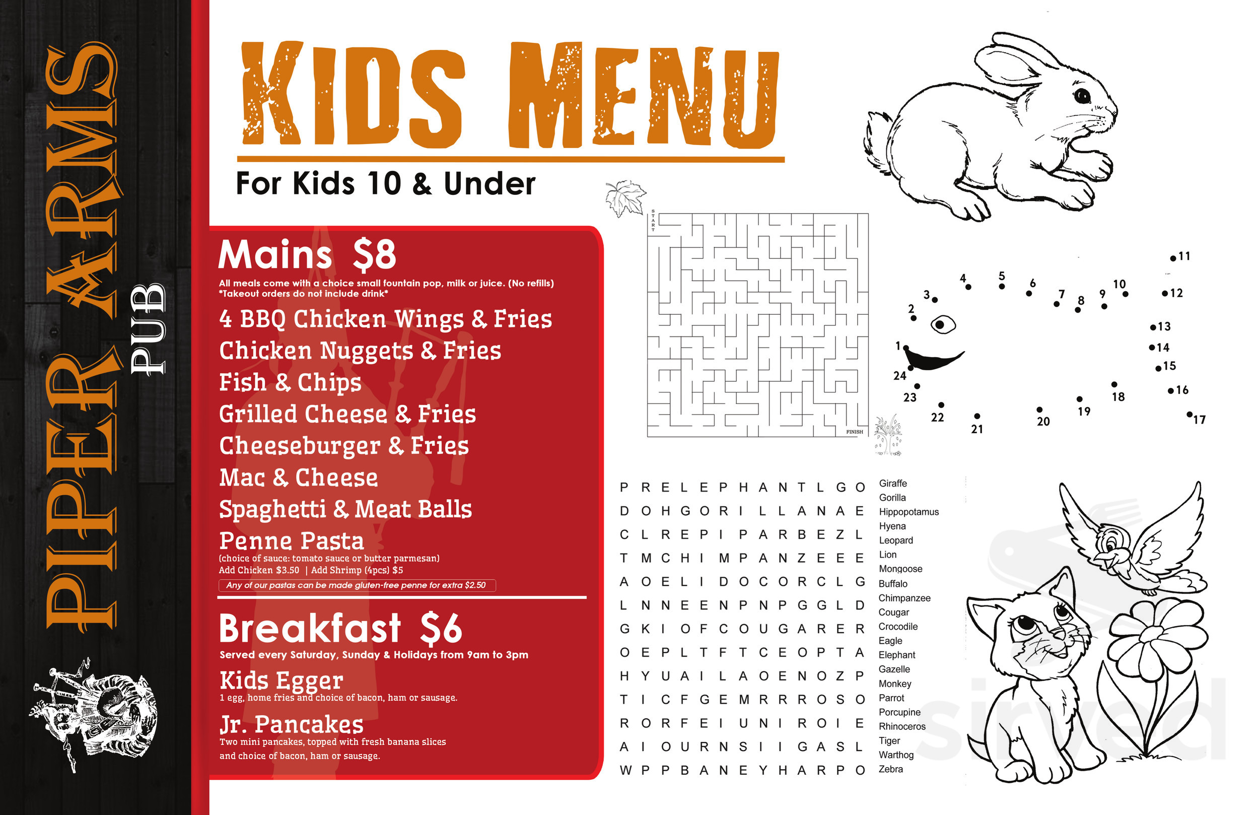 Piper Arms Pub Kitchener menu in Kitchener, Ontario, Canada