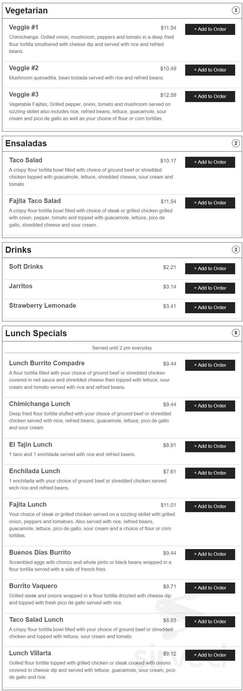 El Tajin menu in Marshall, Michigan, USA