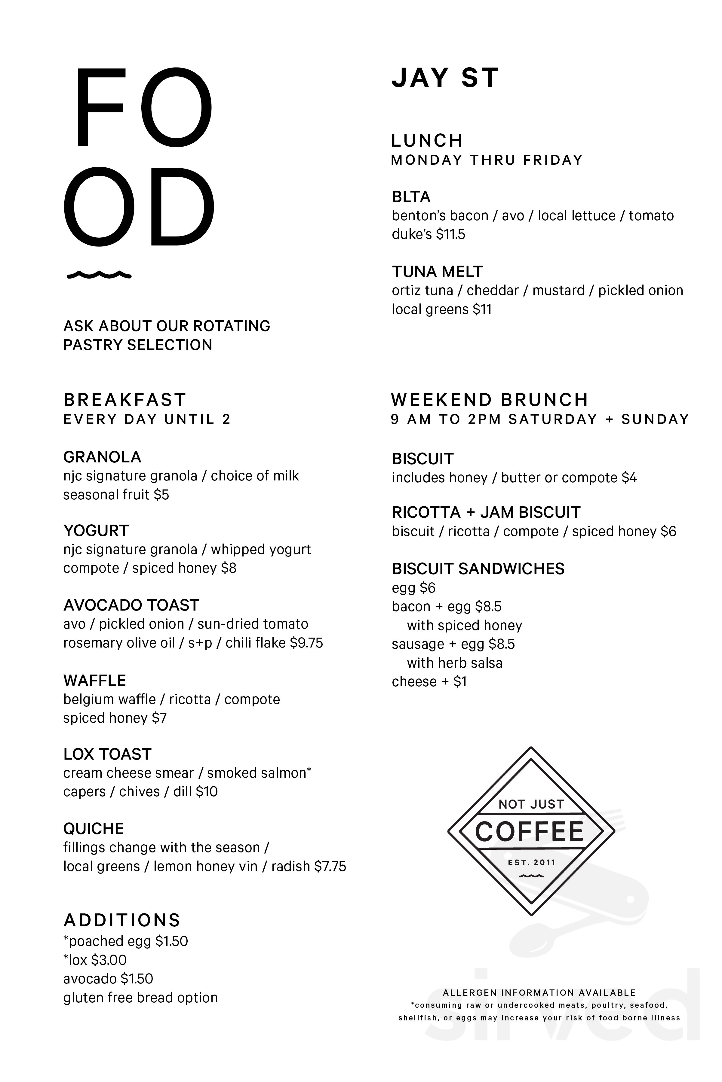 Not Just Coffee menu in Charlotte, North Carolina, USA