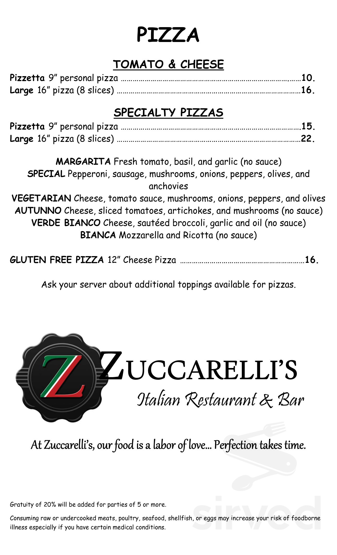 Zuccarelli's Italian Restaurant and Bar menu in West Palm Beach ...