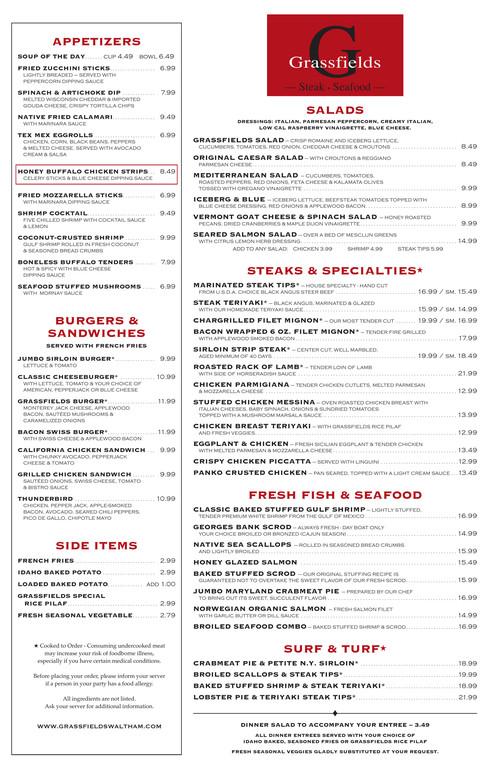 Grassfields menu in Waltham, Massachusetts, USA