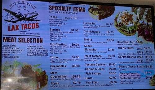 Lax Tacos menu in Inglewood, California, USA