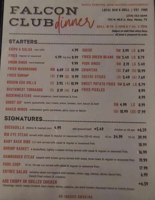 The Falcon Club menu in Mexia, Texas, USA