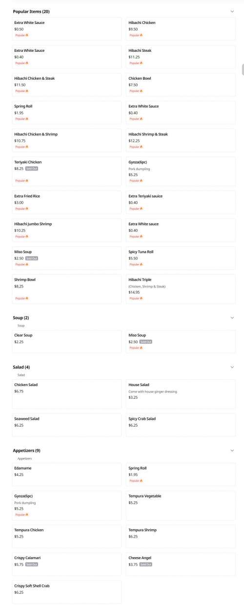 Hibachi House menu in Columbia, South Carolina, USA