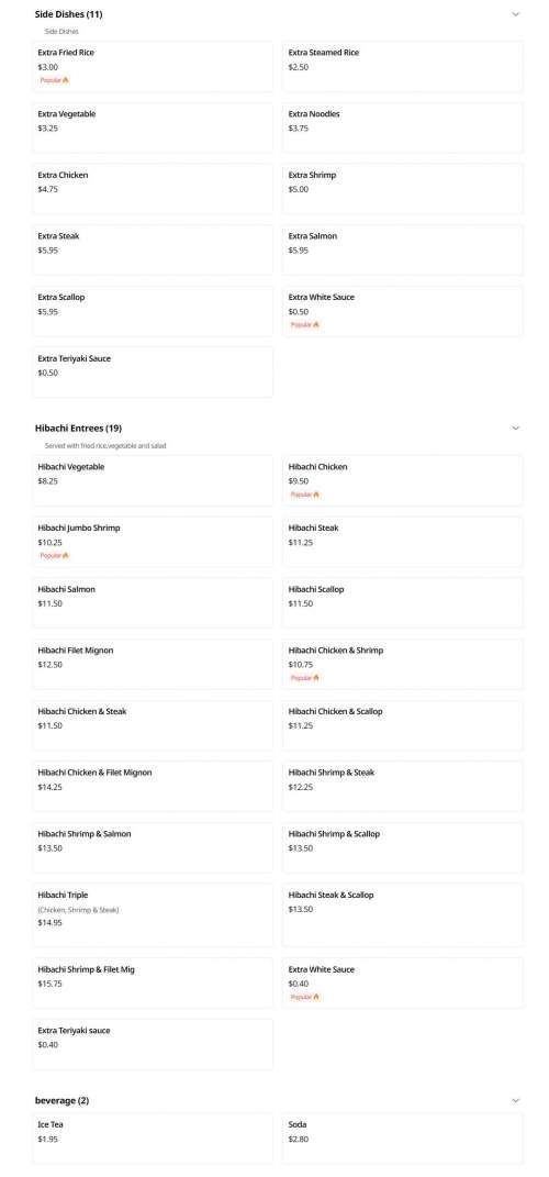 Hibachi House menu in Columbia, South Carolina, USA