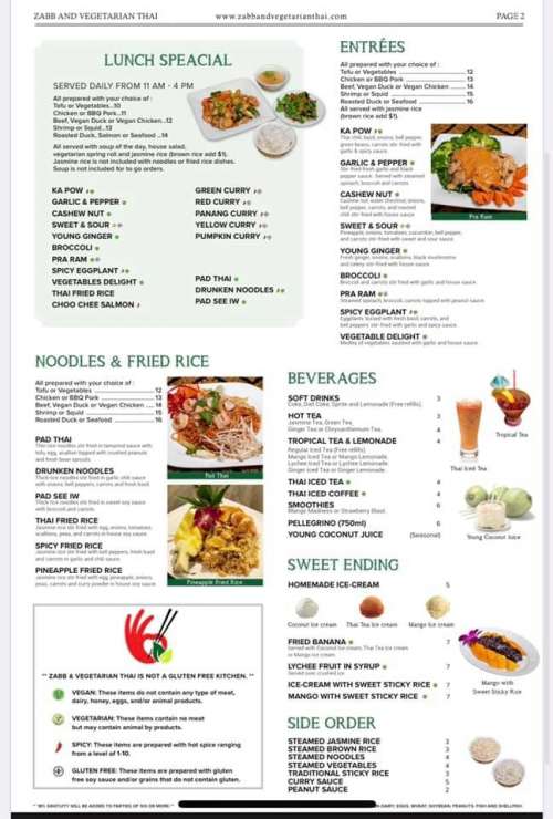 Zabb Thai Cuisine menu in Newport Beach, California, USA