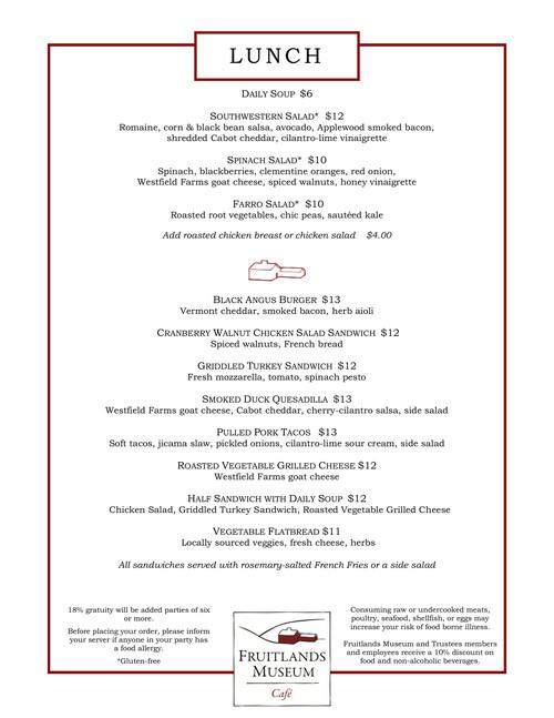 Fruitlands Museum Café menu in Harvard, Massachusetts, USA
