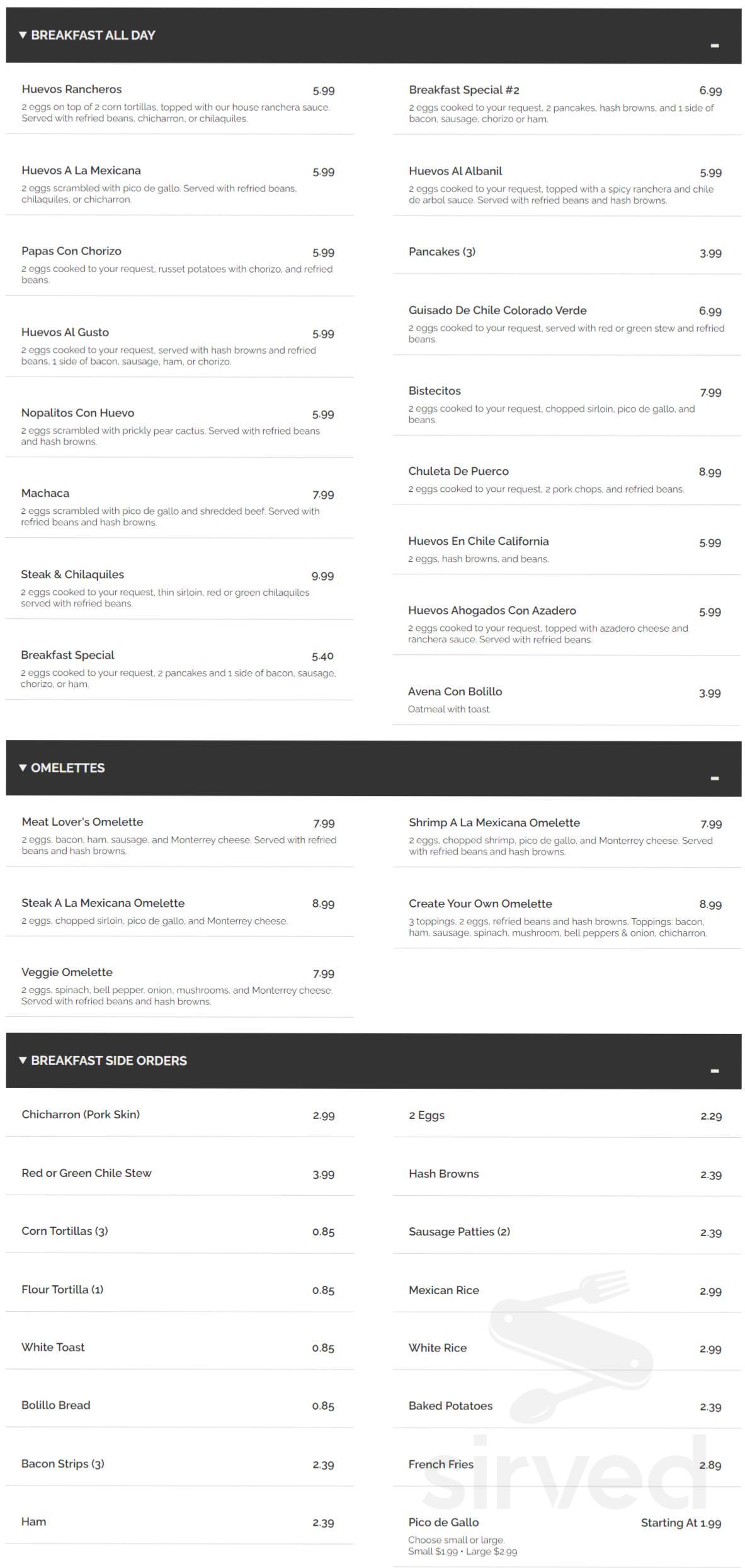 Timo's Restaurant menu in El Paso, Texas, USA