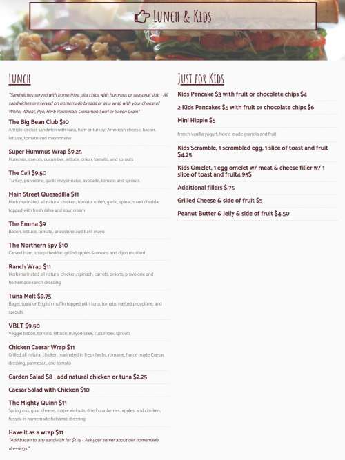 The Big Bean Cafe menu in Newmarket, New Hampshire, USA