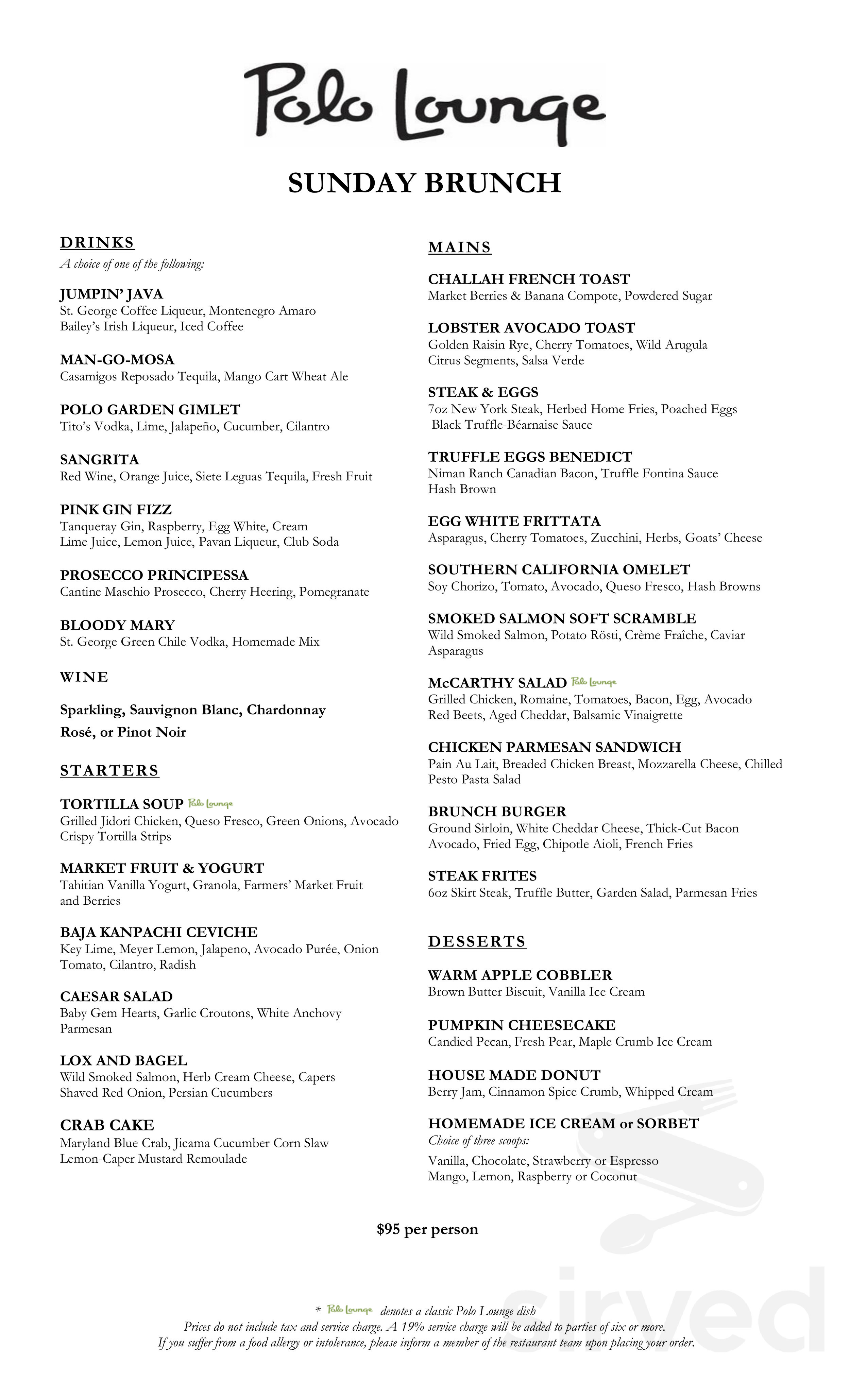Polo Lounge menus in Beverly Hills, California, United States