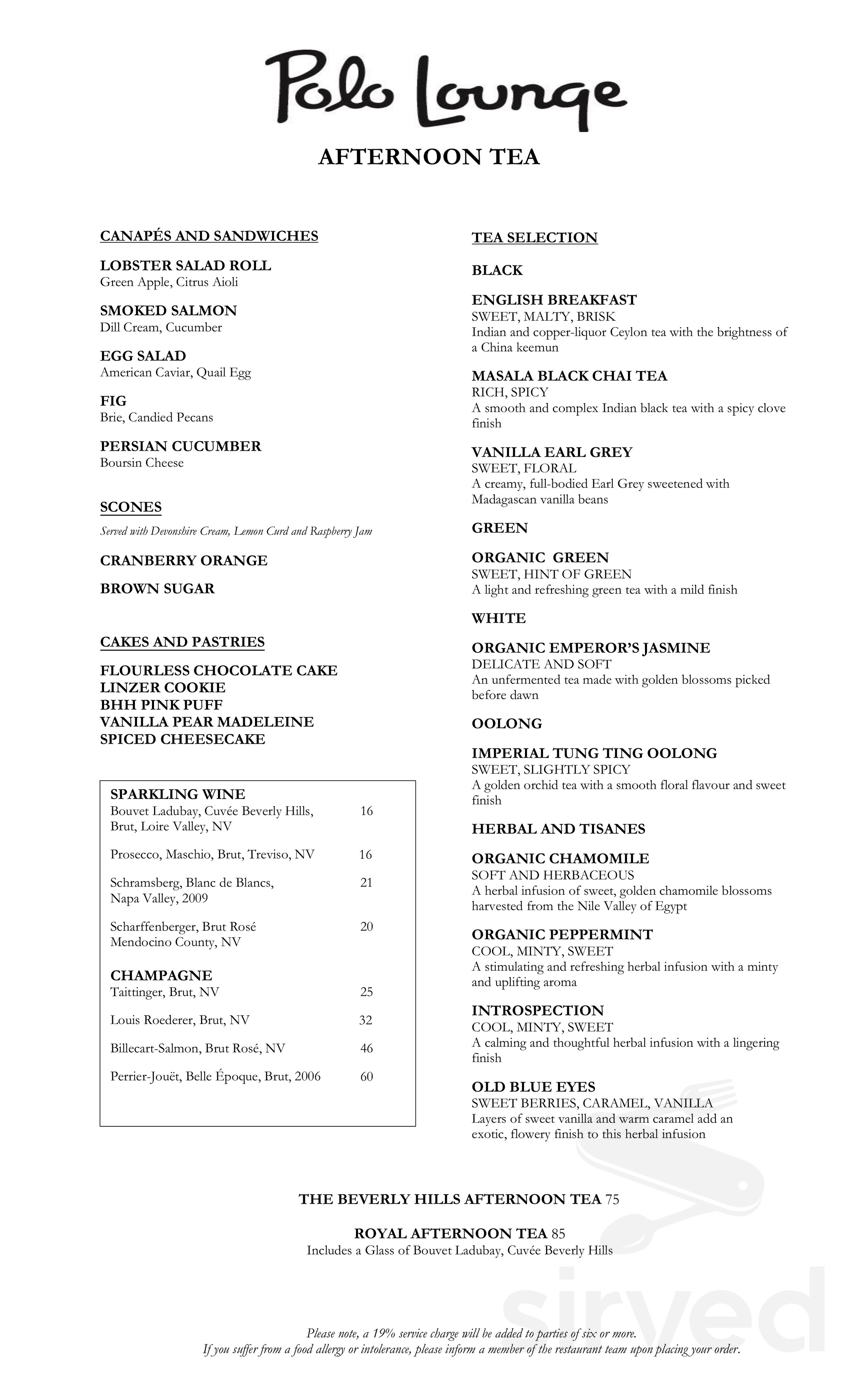 Polo Lounge menus in Beverly Hills, California, United States