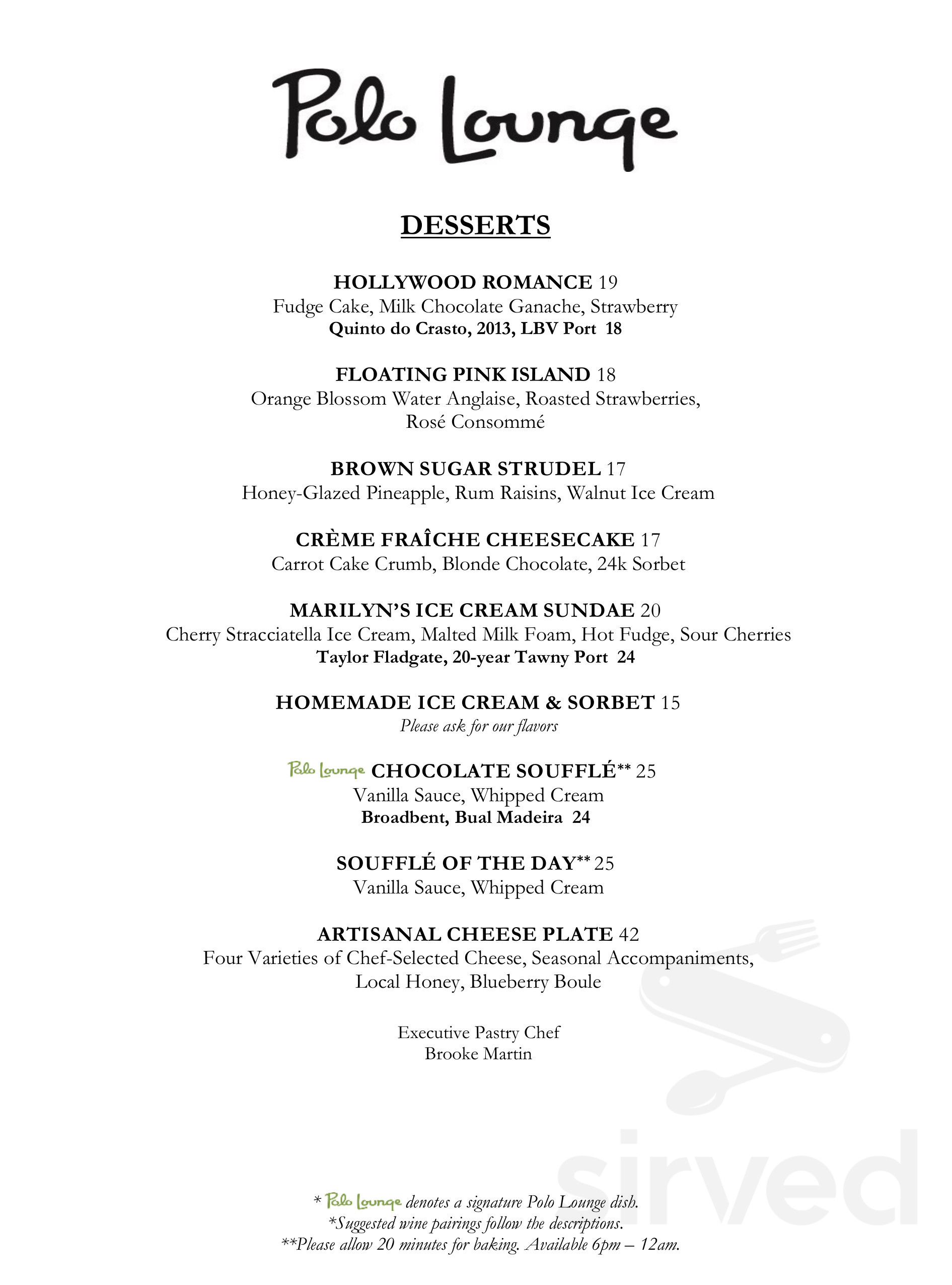 Polo Lounge menus in Beverly Hills, California, United States