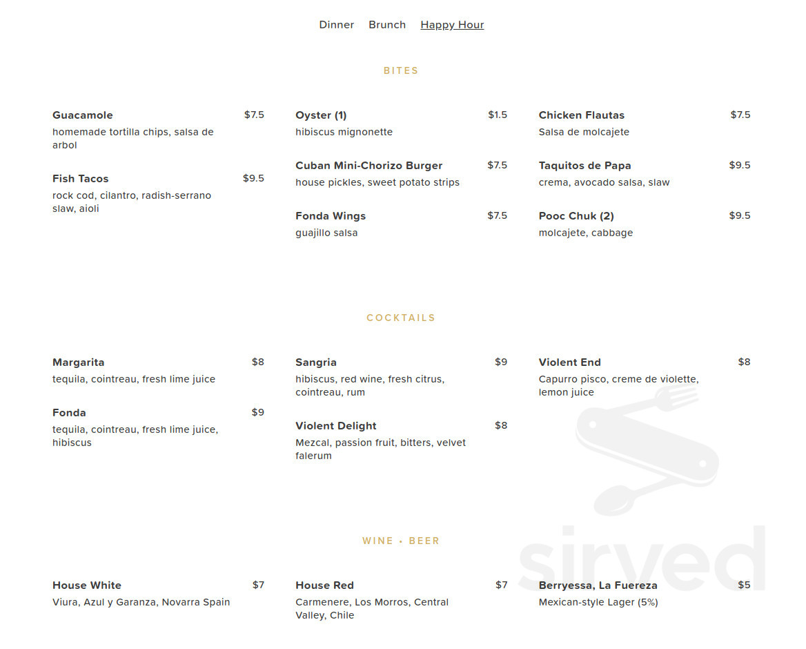 Menu - Berkeley CA's Fonda | Sirved