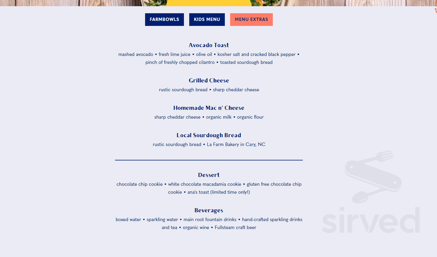 Farmside Kitchen menu in Durham, North Carolina, USA