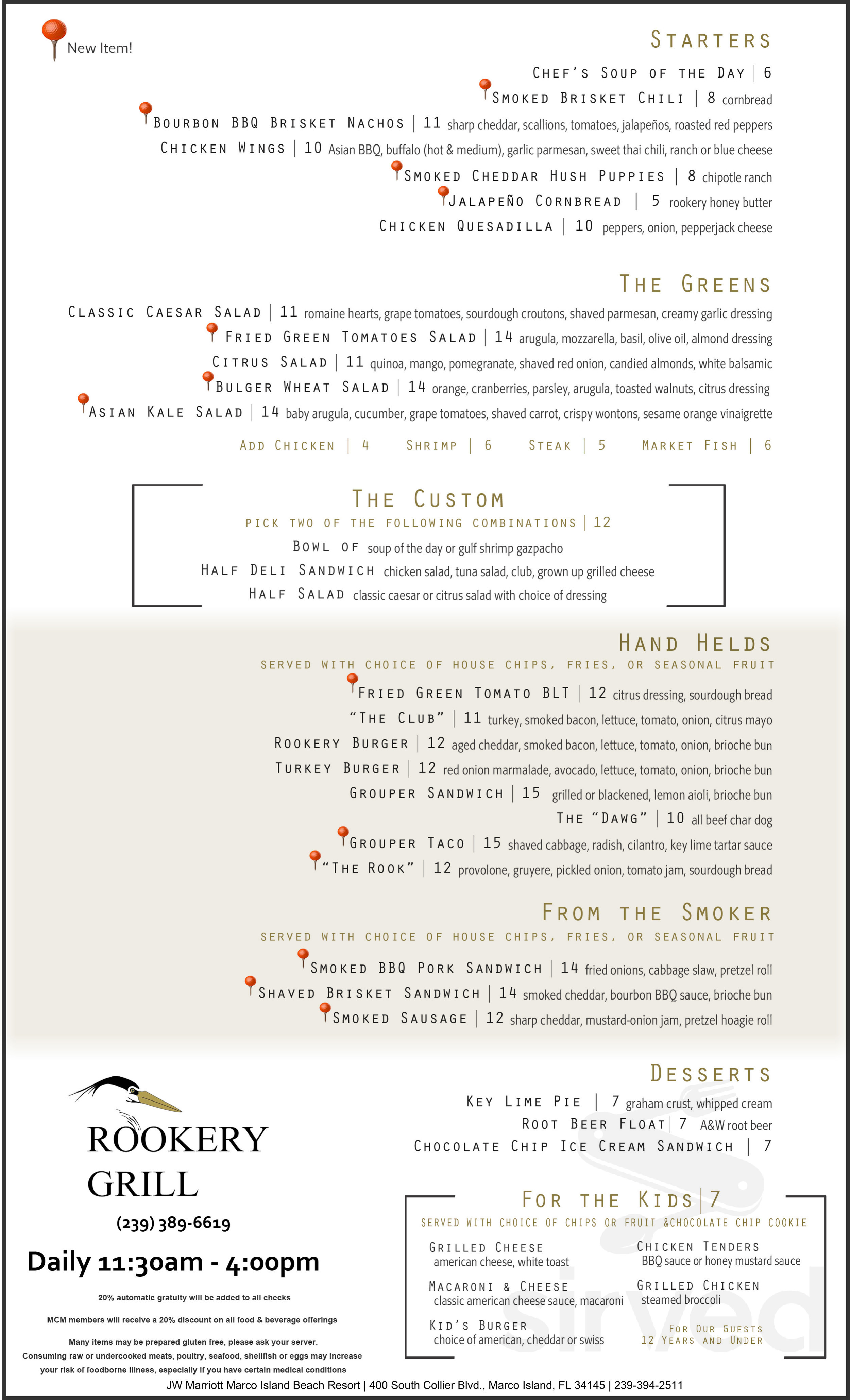 Rookery Grill menu in Naples, Florida, USA