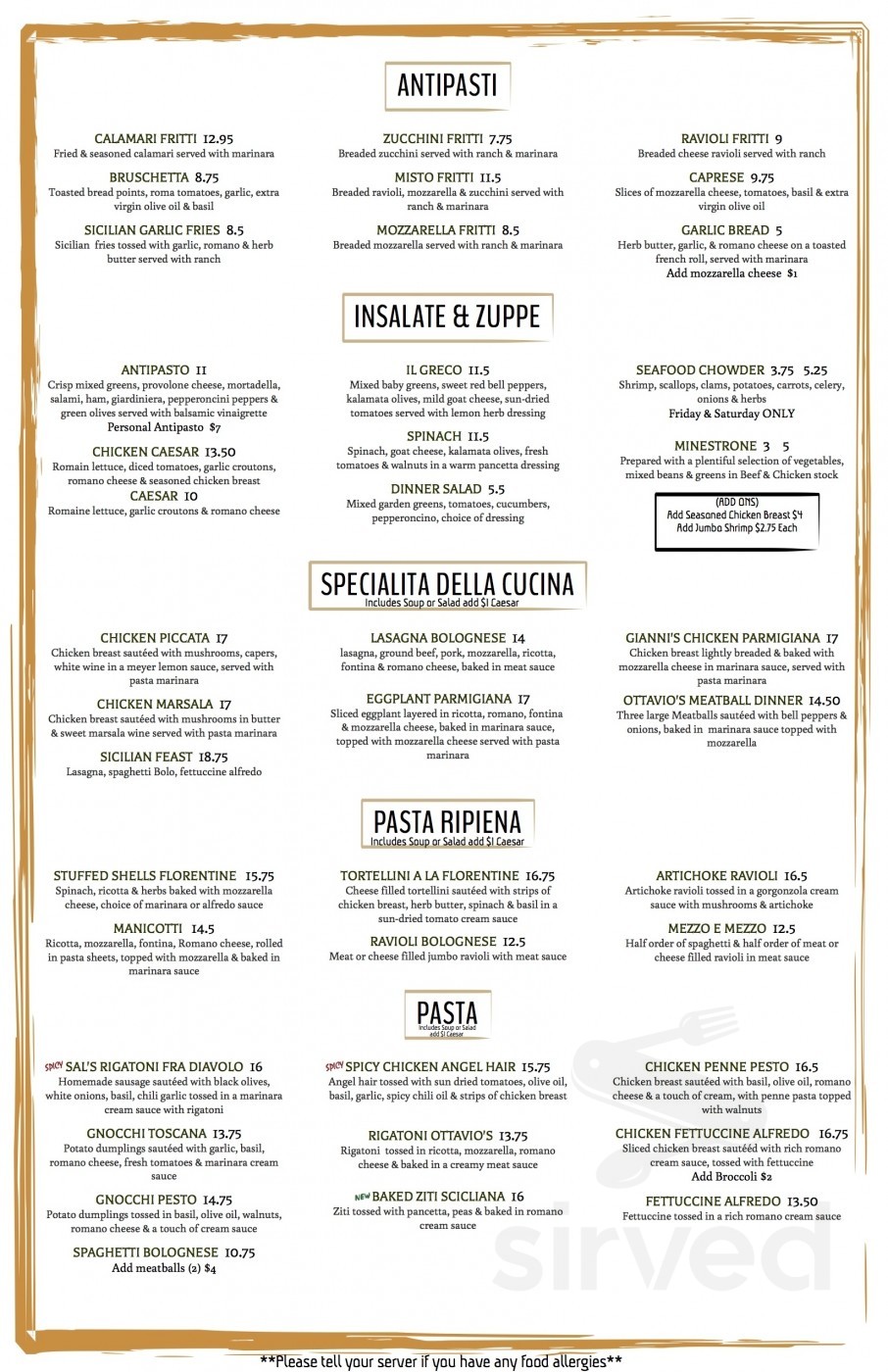 Ottavio's Italian Restaurant menu in Lakeside, California, USA