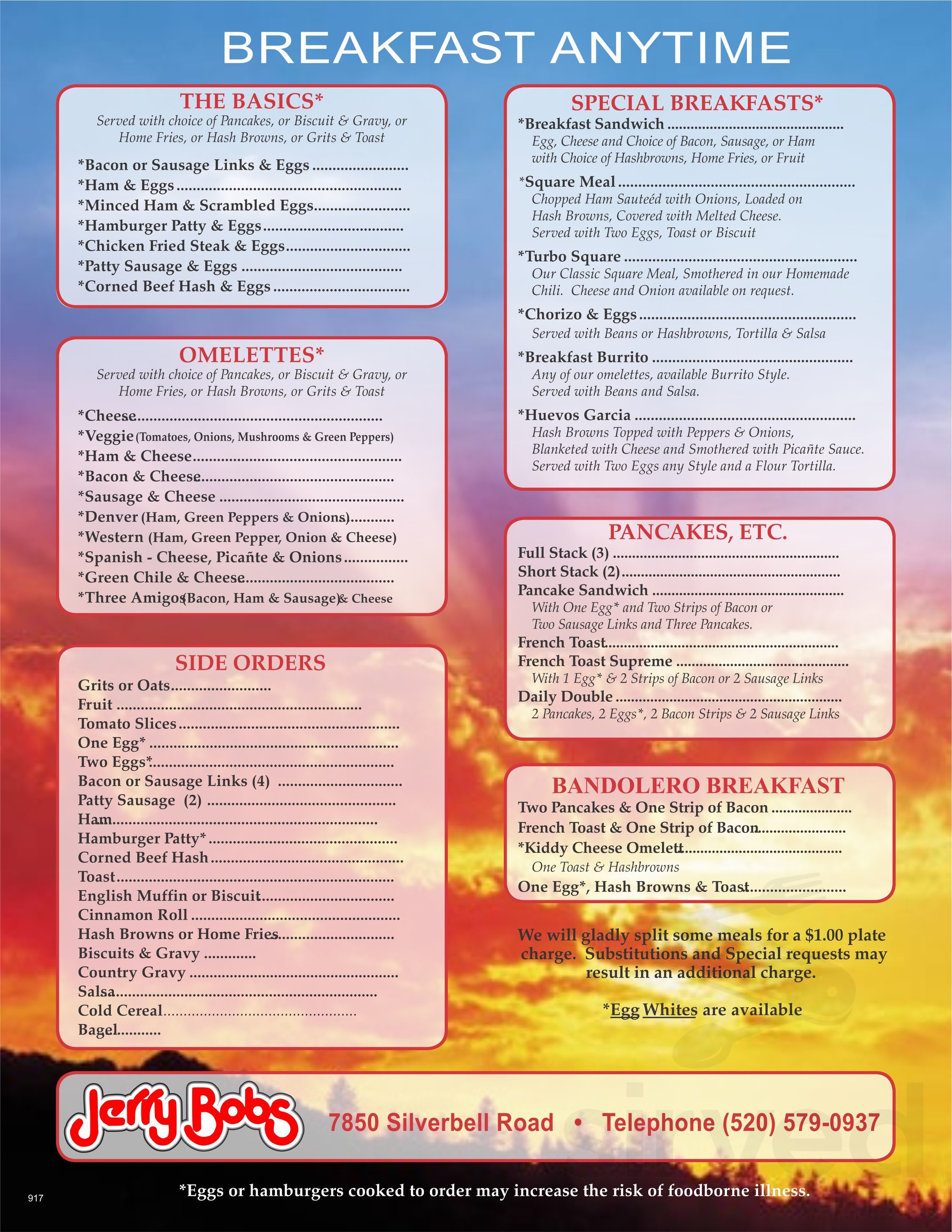 Jerry Bob's menu in Tucson, Arizona, USA