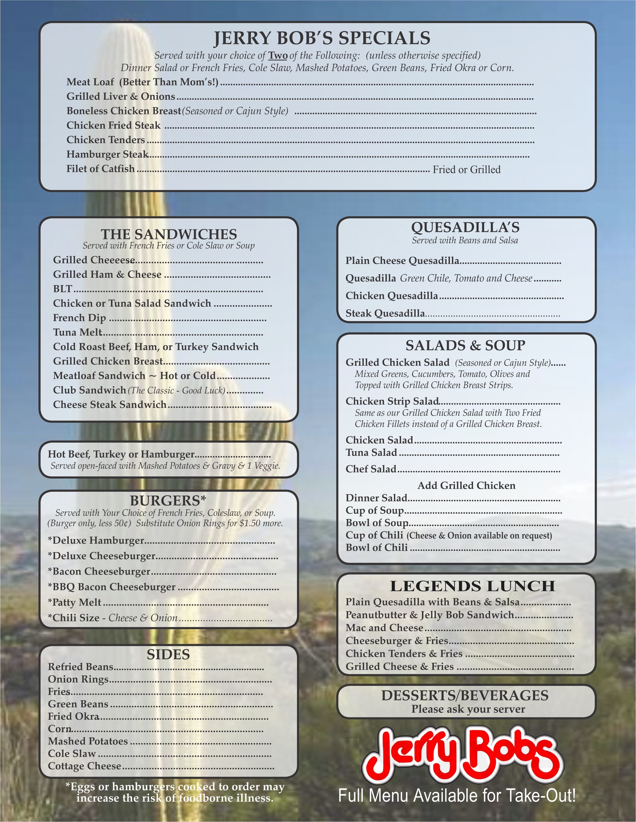 Jerry Bob's menu in Tucson, Arizona, USA