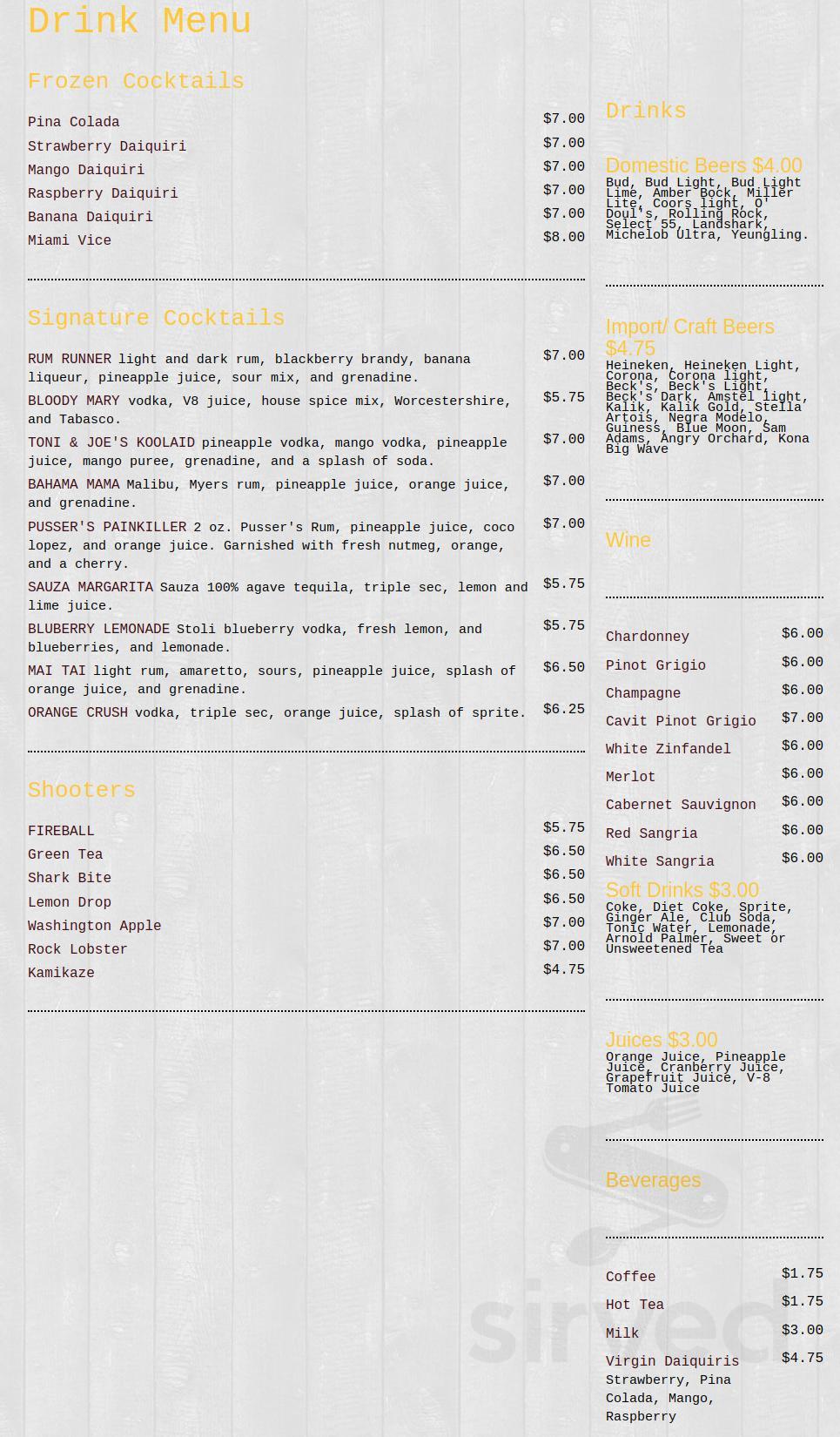 Menu for Toni & Joe's Patio in New Smyrna Beach, FL | Sirved