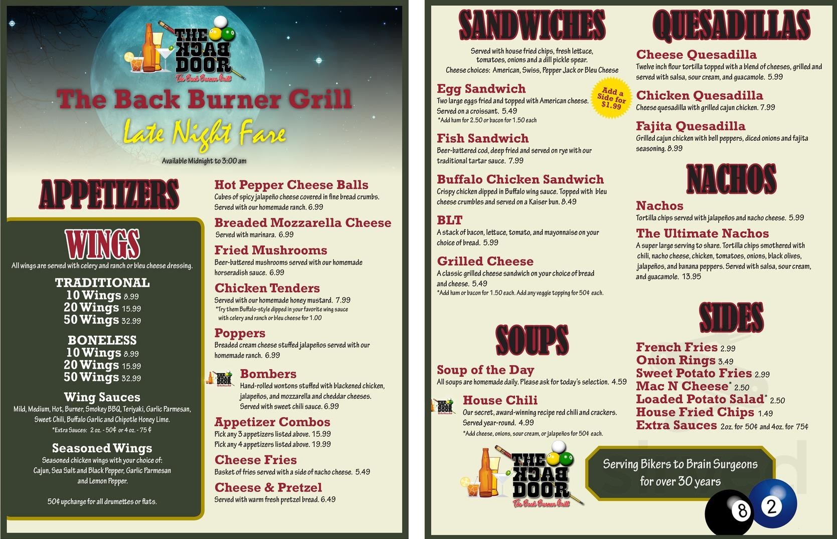 The Back Door menu in Louisville, Kentucky, USA