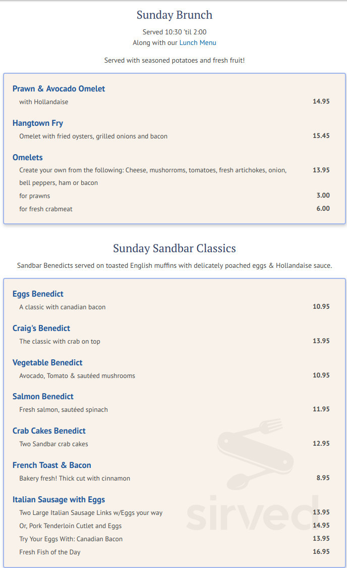 Sandbar & Grill menu in Monterey, California, USA