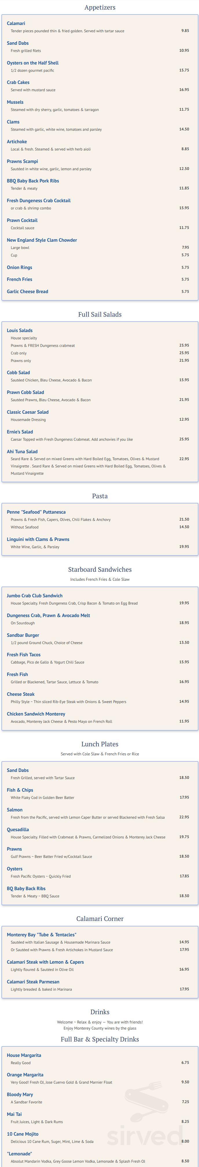 Sandbar & Grill menu in Monterey, California, USA