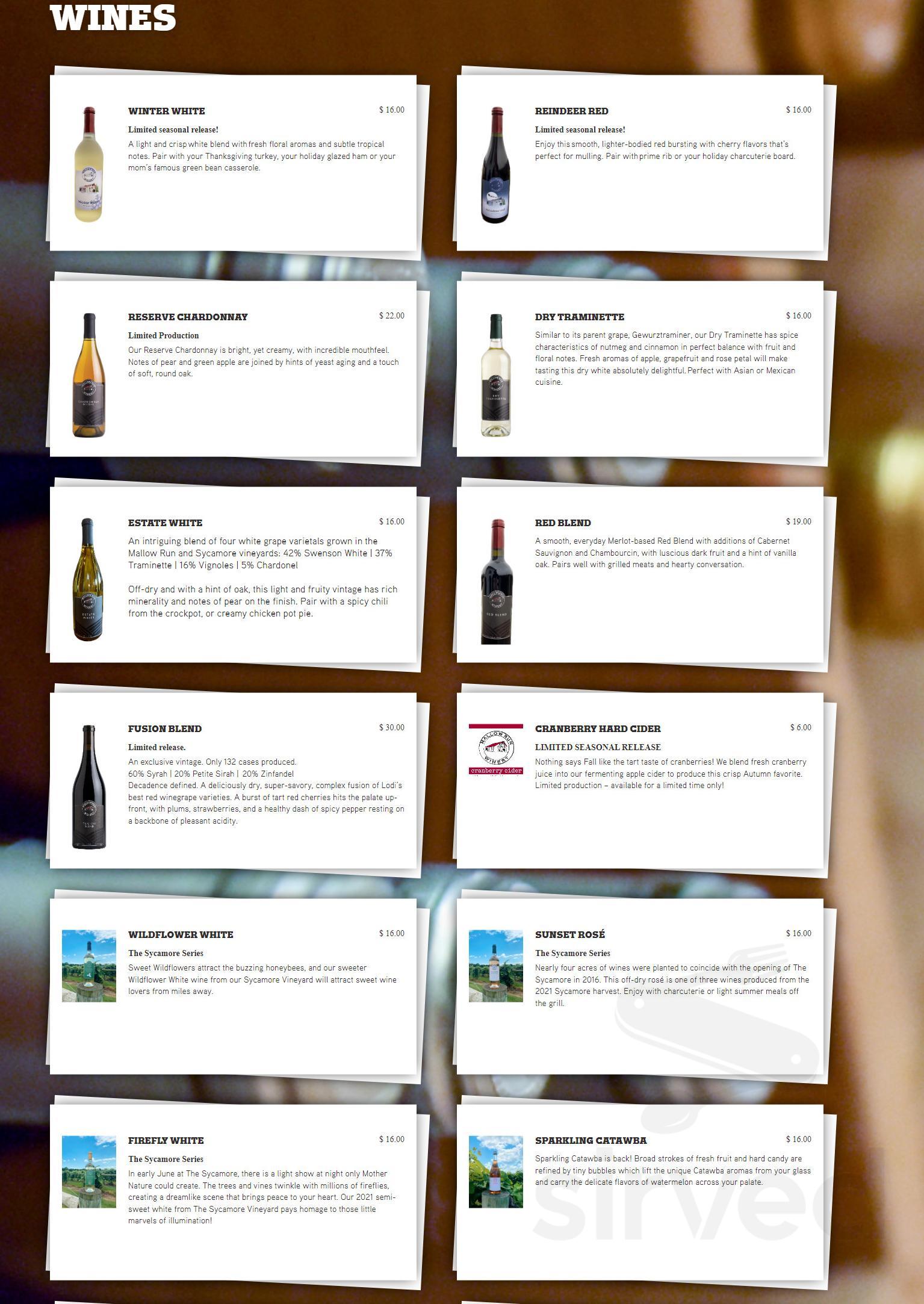 Mallow Run Winery menu in Bargersville, Indiana, USA