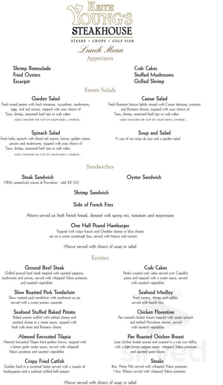 Menu for Keith Young's Steakhouse in Madisonville, LA | Sirved