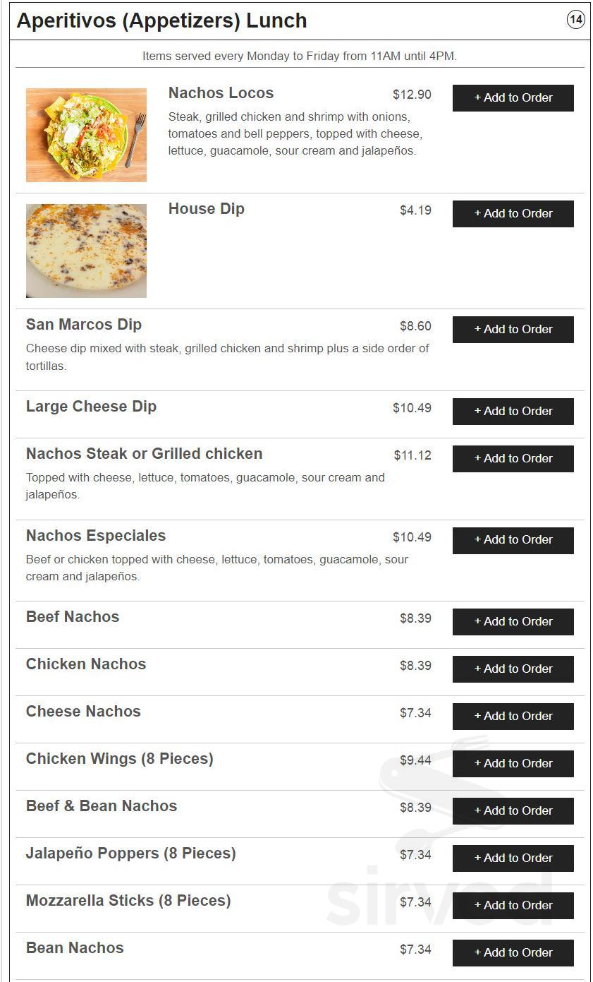 Menu for San Marcos Mexican Grill in Enterprise, AL | Sirved