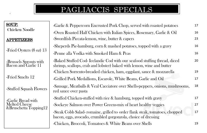 Pagliacci's Restaurant menu in Plainville, Connecticut, USA