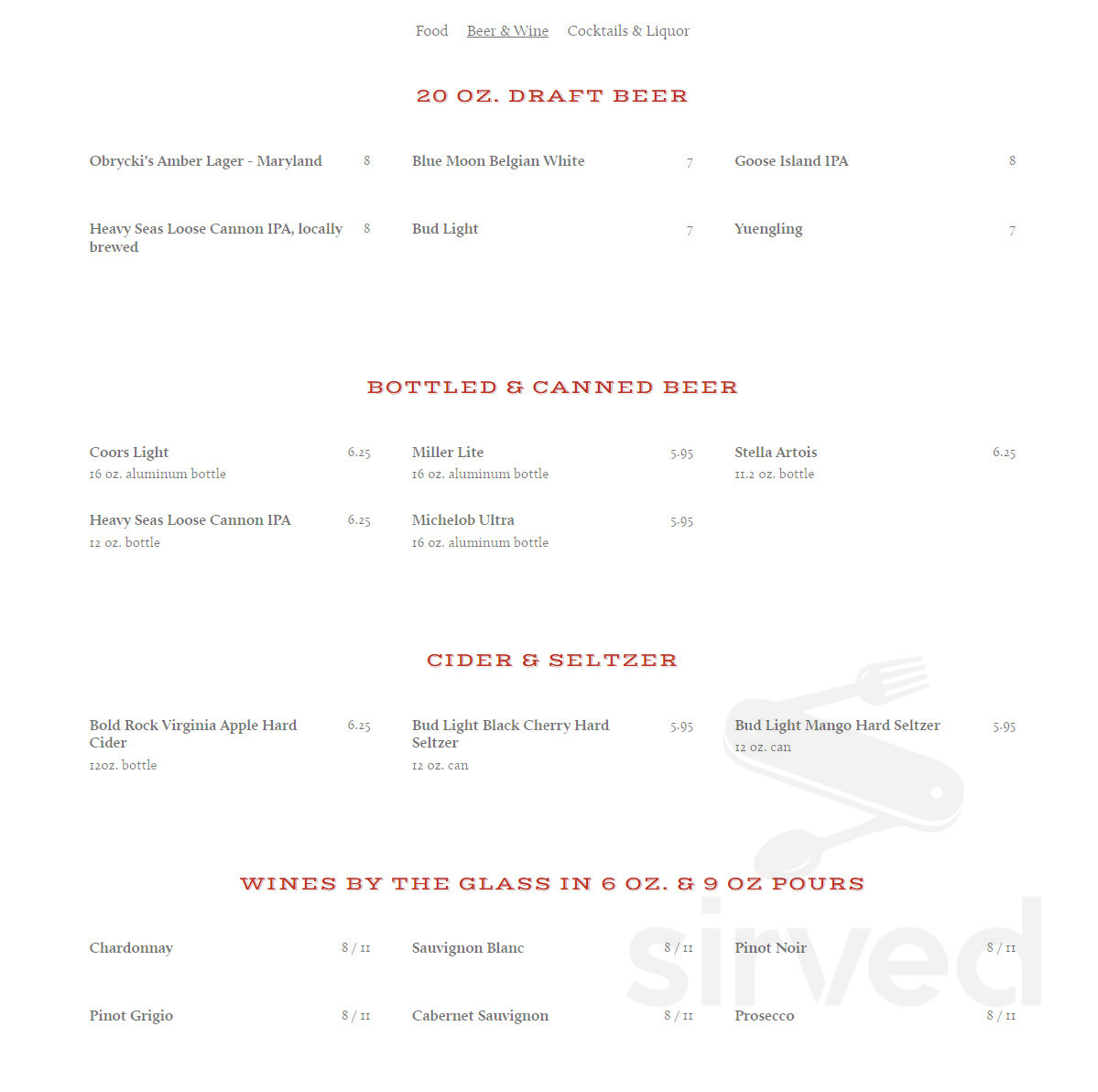 CRC Restaurants menu in Baltimore, Maryland, USA
