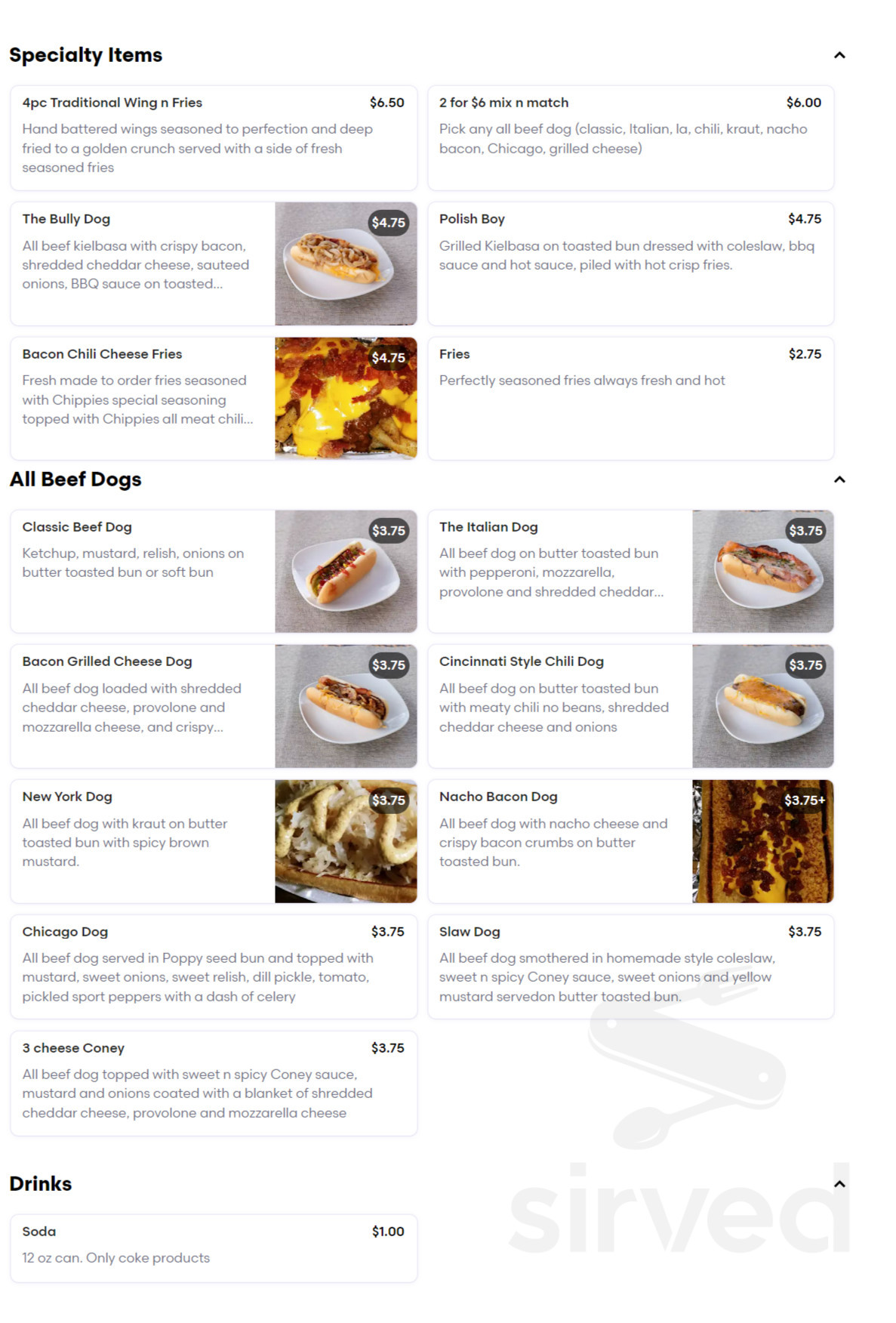 Chippies menu in Canton, Ohio, USA