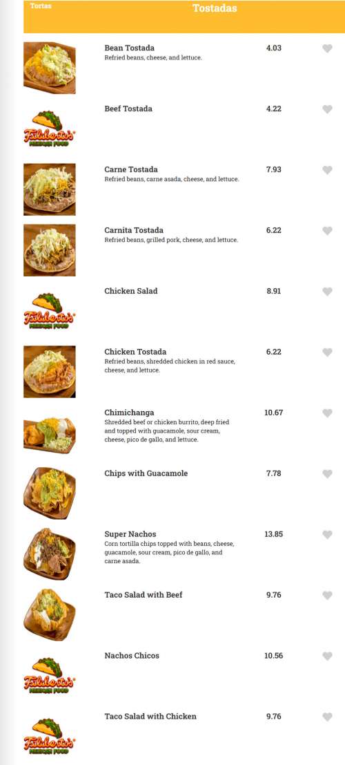 Filiberto's Mexican Food menu in Tucson, Arizona, USA