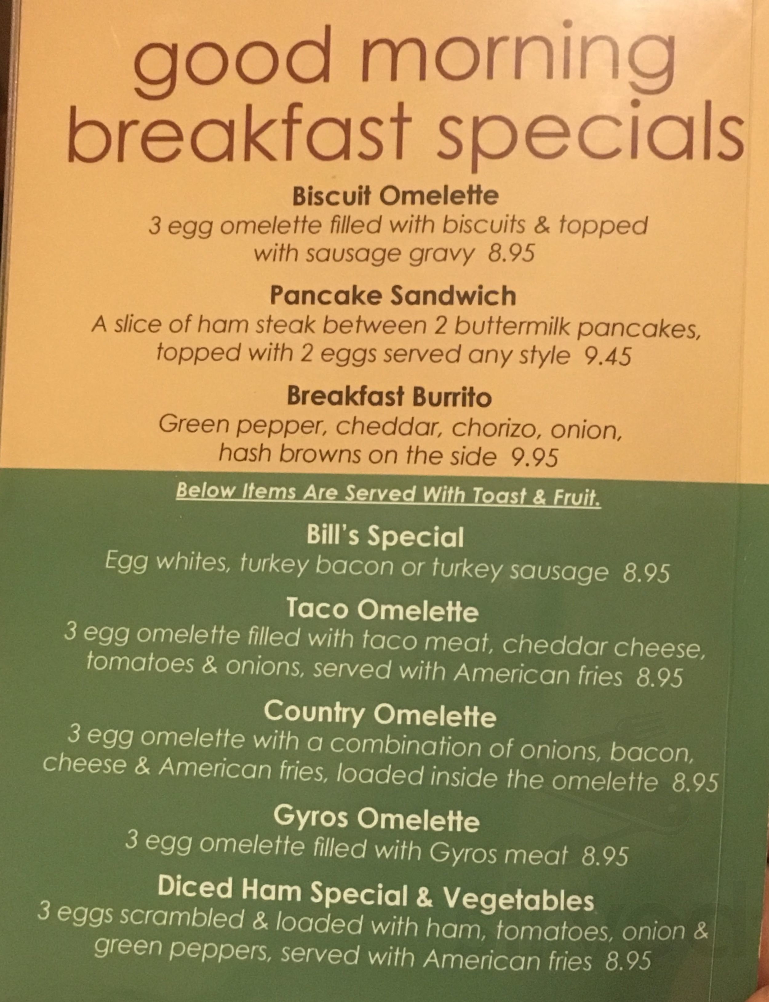 Village Inn menu in Huntley, Illinois, USA