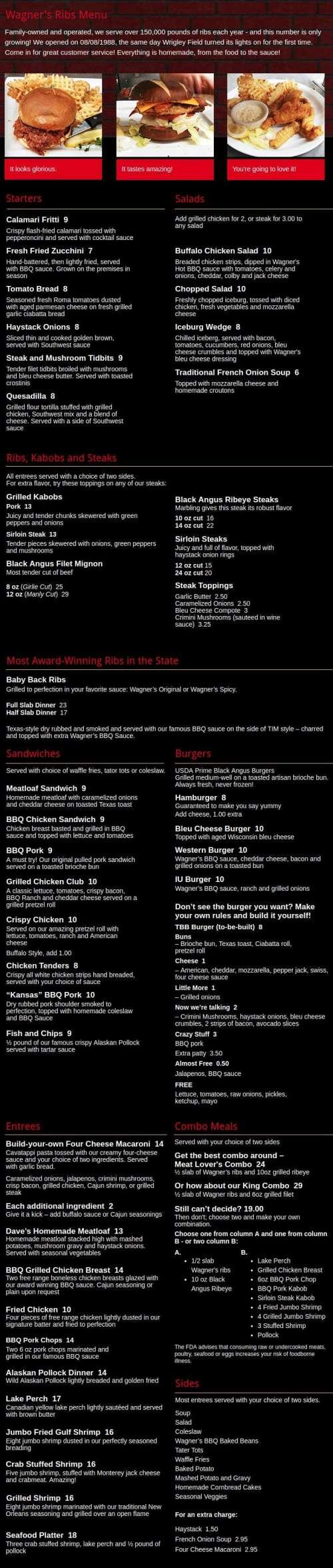 Wagner's Ribs menu in Porter, Indiana, USA