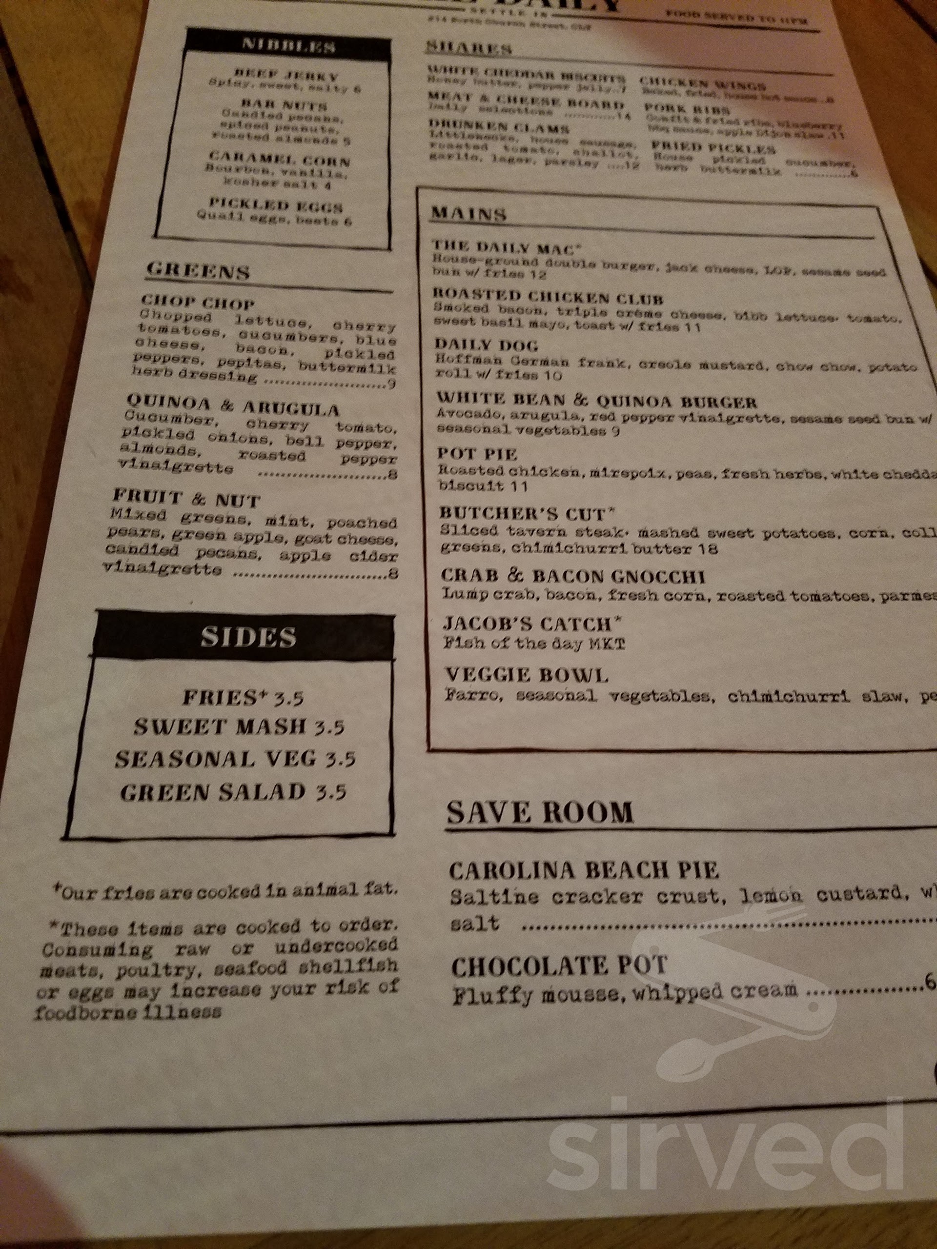 The Daily Tavern menu in Charlotte, North Carolina, USA