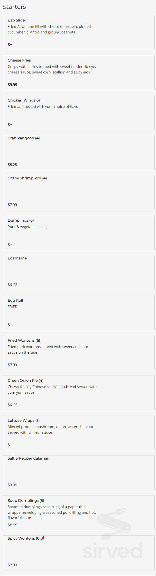 Sky Asian Fusion menu in Leander, Texas, USA