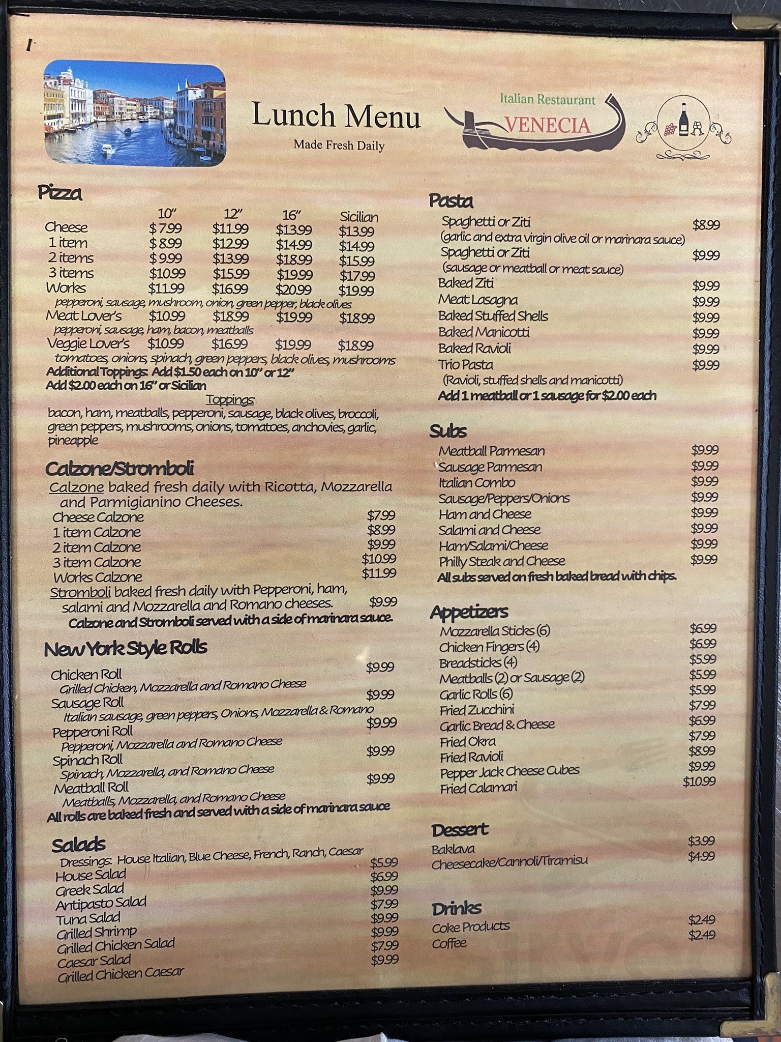 Menu for Venecia Italian restaurant in Kettering, Ohio, United States