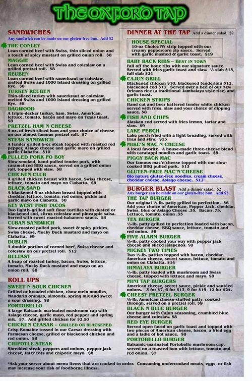Oxford Tap Room menu in Oxford, Michigan, USA