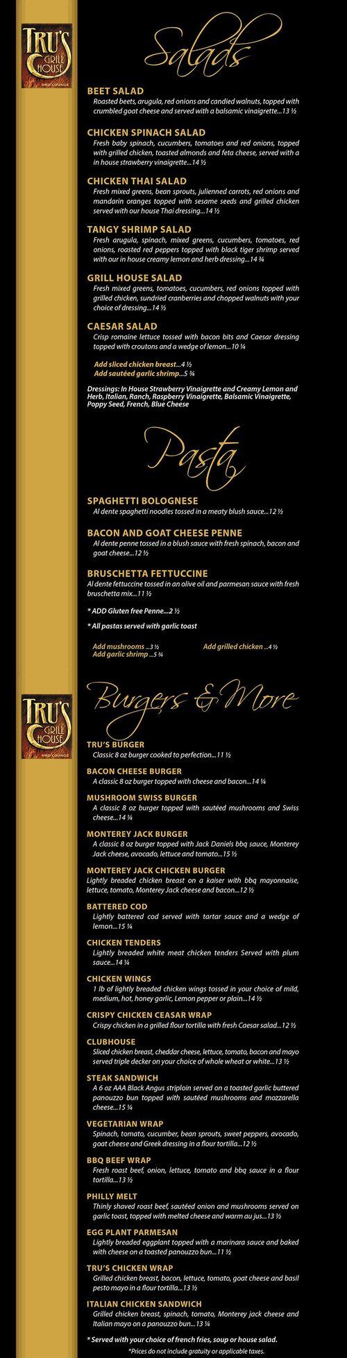 Tru's Grill House menu in Chatham, Ontario, Canada