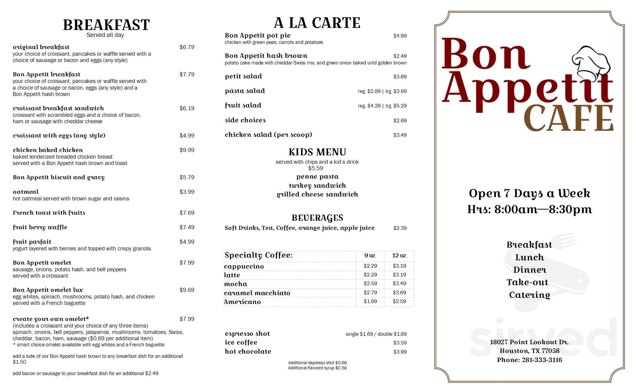 Menu for Bon Appetit Cafe in Houston, TX | Sirved