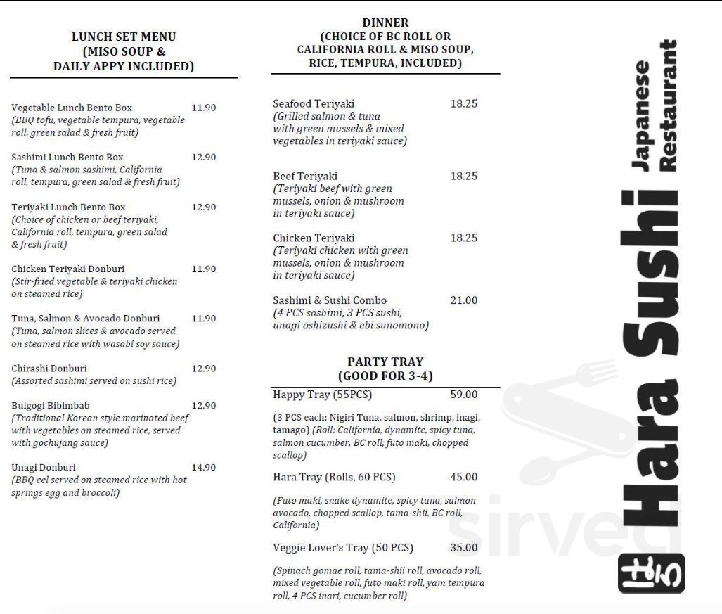 Hara Sushi menu in Sooke, British Columbia, Canada