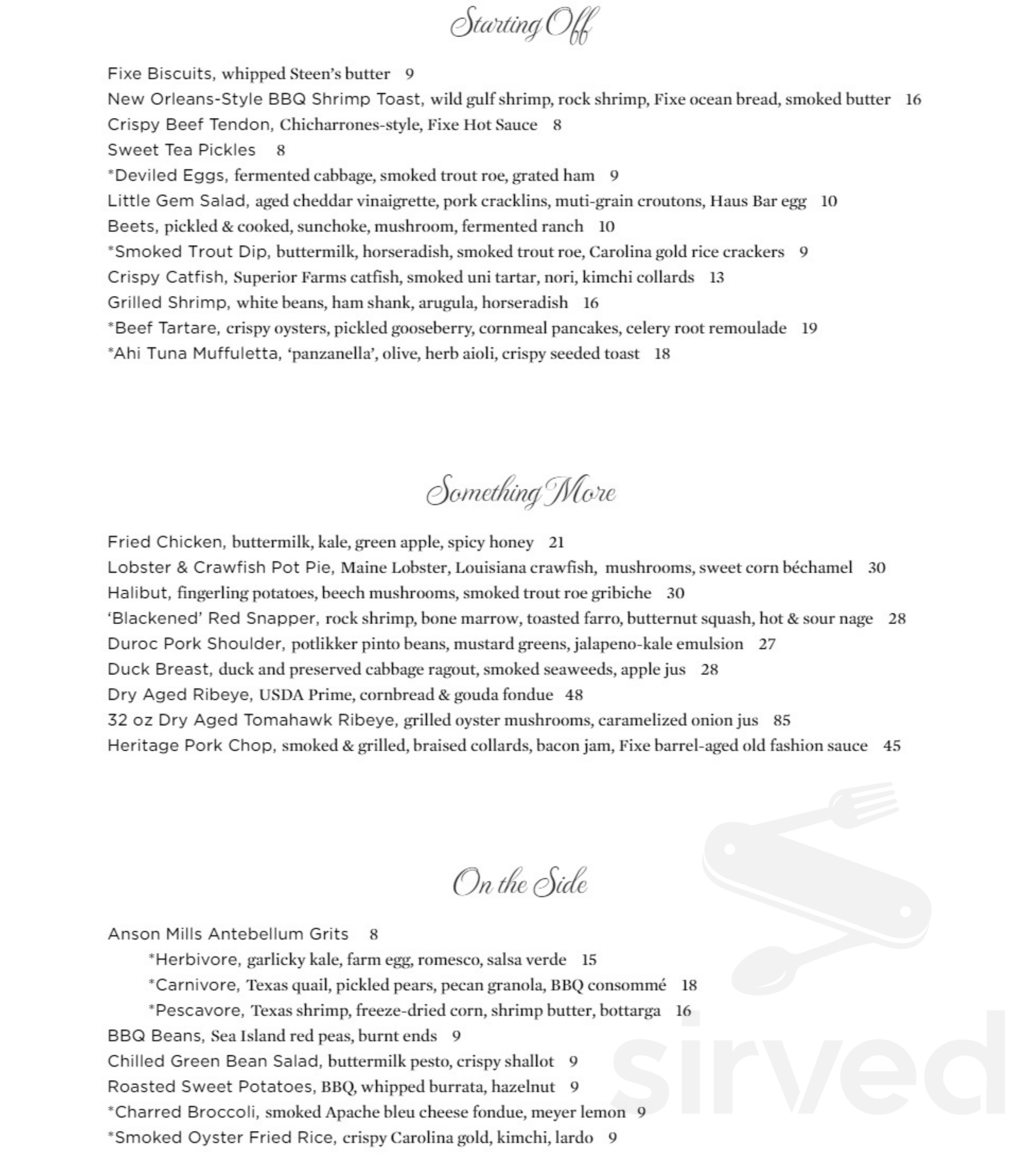 Fixe Southern House menu in Fort Worth, Texas, USA