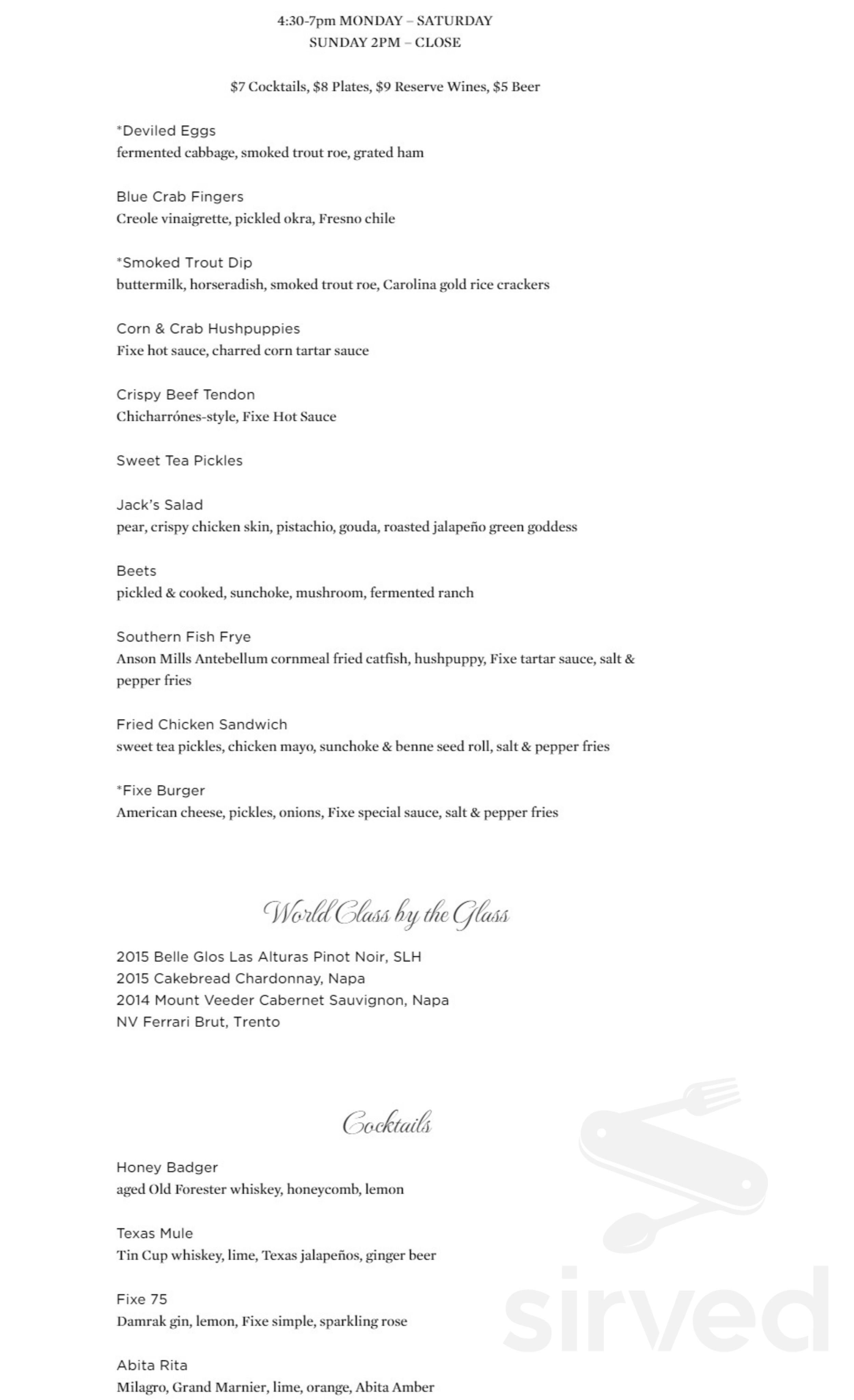 Fixe Southern House menu in Fort Worth, Texas, USA