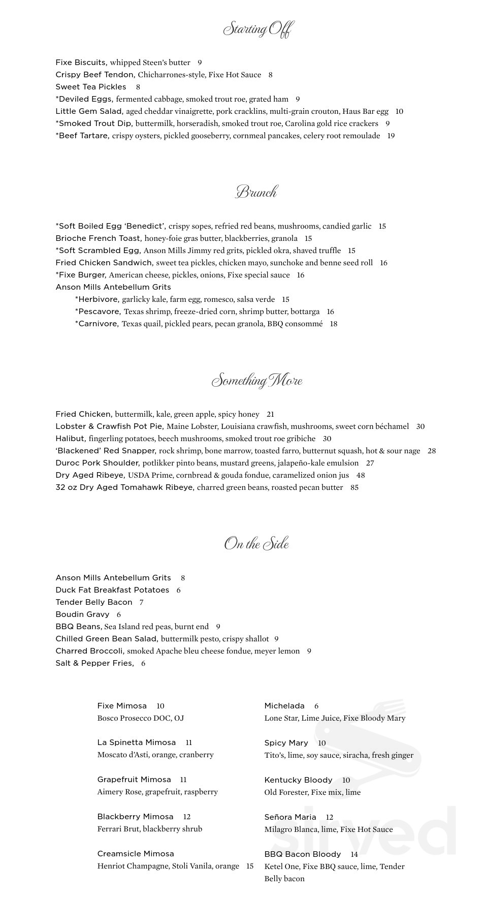 Fixe Southern House menu in Fort Worth, Texas, USA